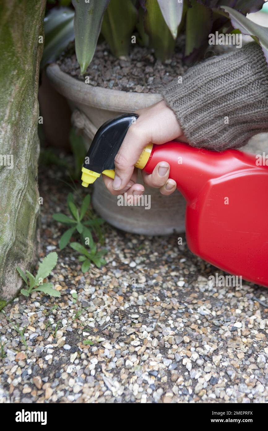Spraying weeds on gravel Stock Photo - Alamy
