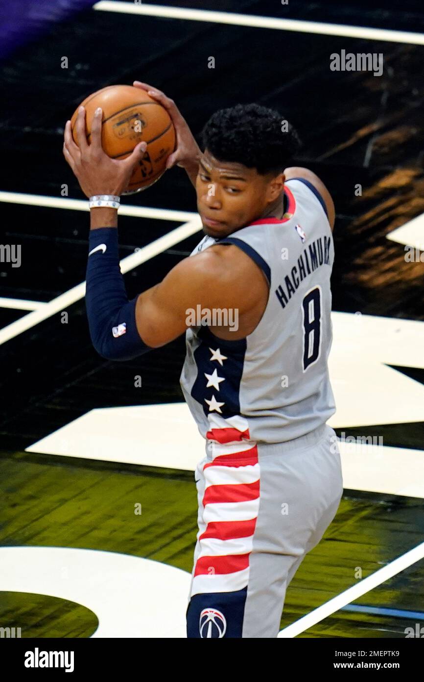 Washington Wizards forward Rui Hachimura (8) grabs a rebound during the ...