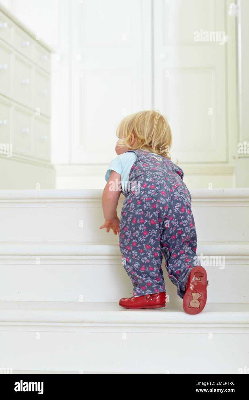 Girl crawling up stairs, 18 months Stock Photo - Alamy