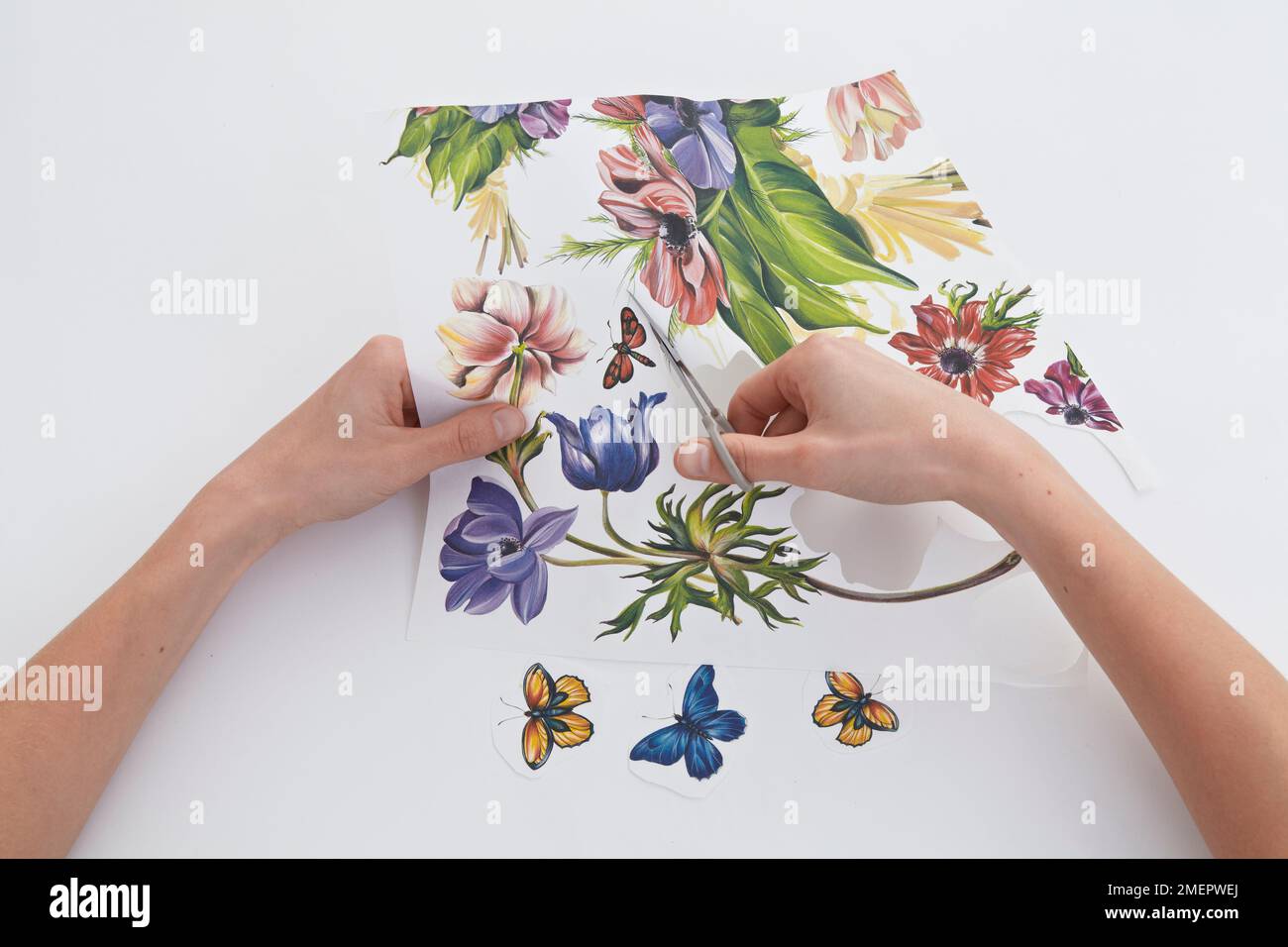 Using small scissors to rough-cut motif from paper to use for decoupage ...