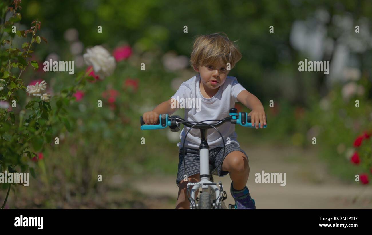 One little boy riding bicycle outside at park child rides bike Stock ...