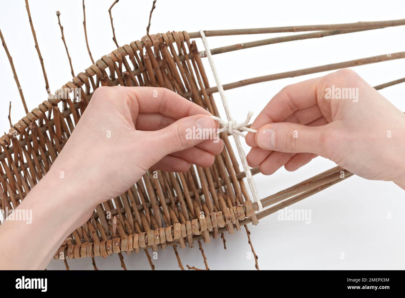Tying string across centre of basket to hold the shape, close-up Stock ...