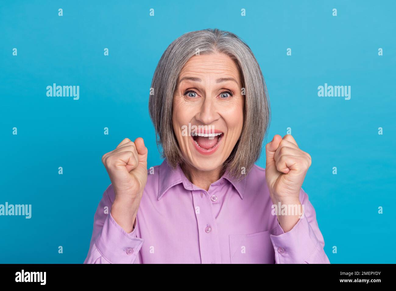 Photo of astonished cheerful lady wear violet stylish clothes shouting ...
