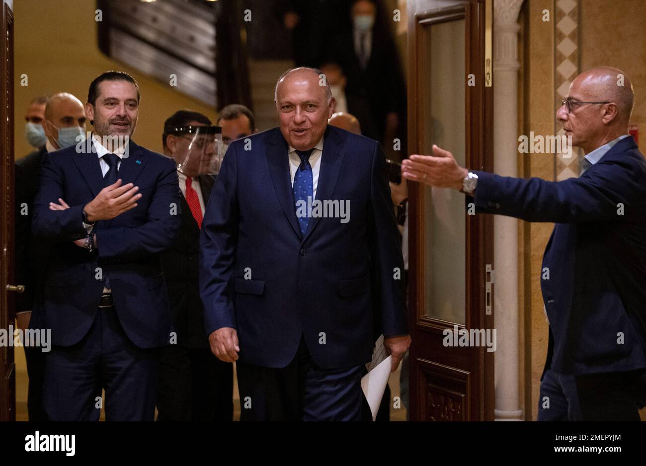 Egyptian Foreign Minister Sameh Shukry, center, arrives to a press ...