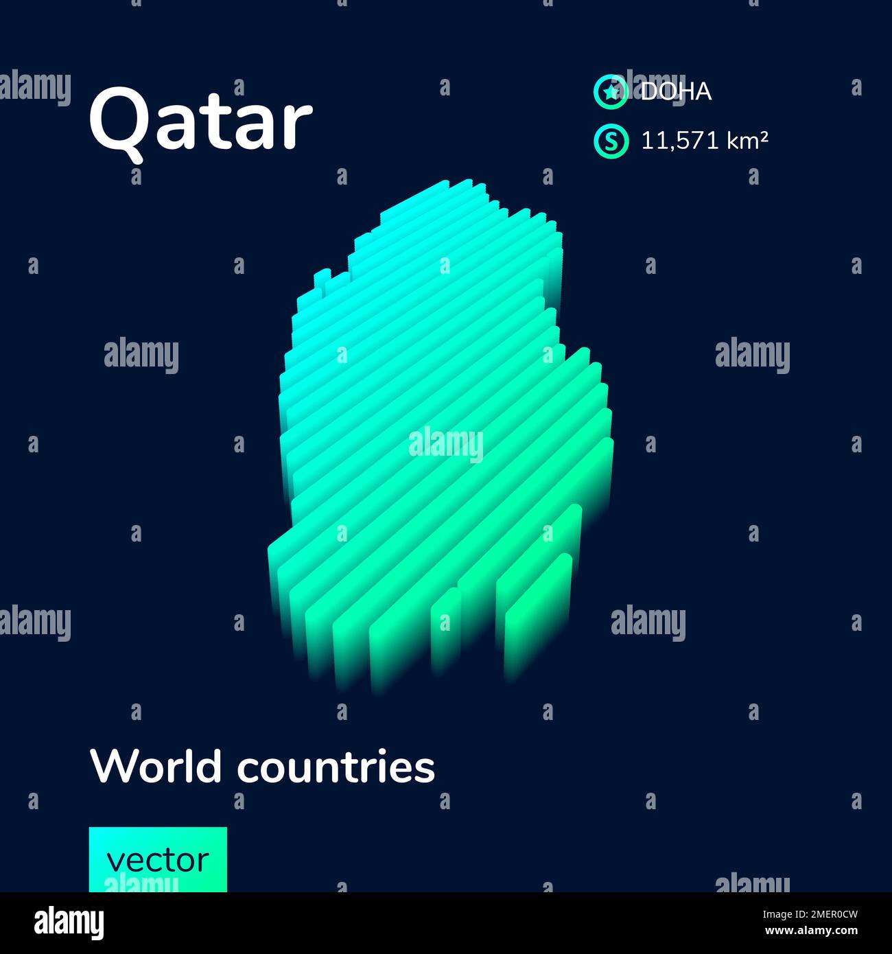 Qatar 3D map. Stylized neon simple digital isometric striped vector Map ...