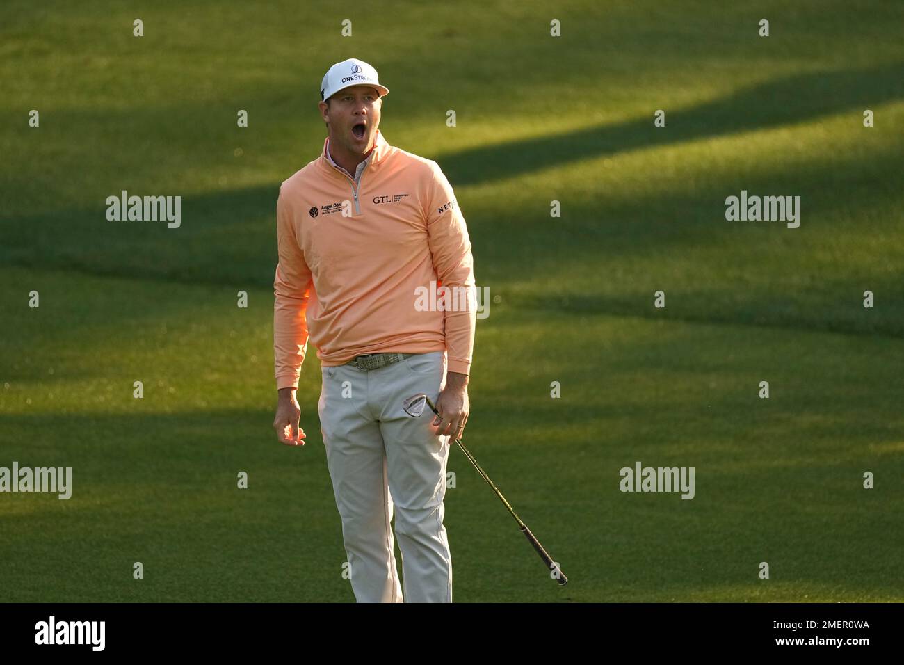 Hudson Swafford reacts to his shot on the 10th hole during a practice ...