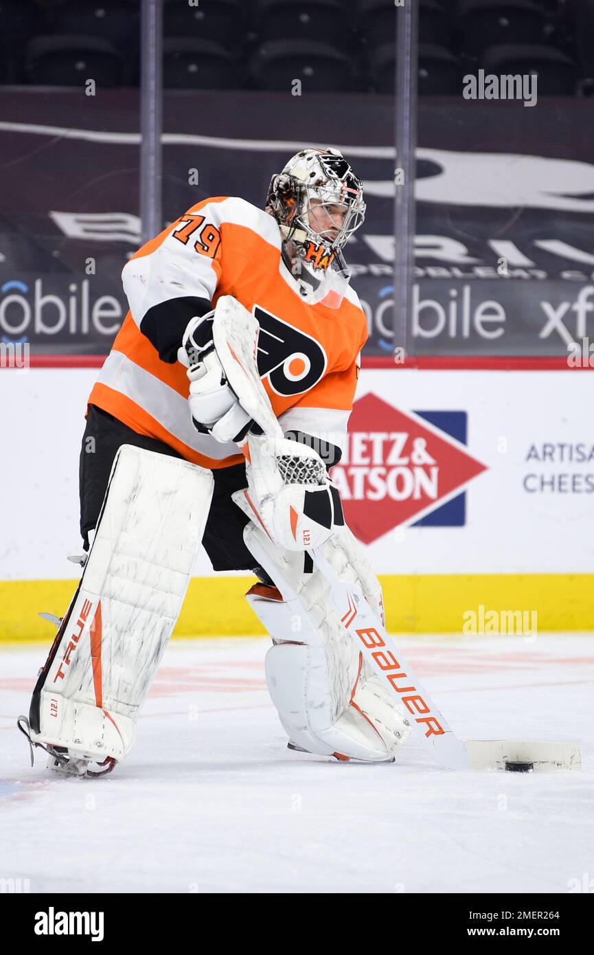 Philadelphia Flyers goaltender Carter Hart in action during an NHL ...