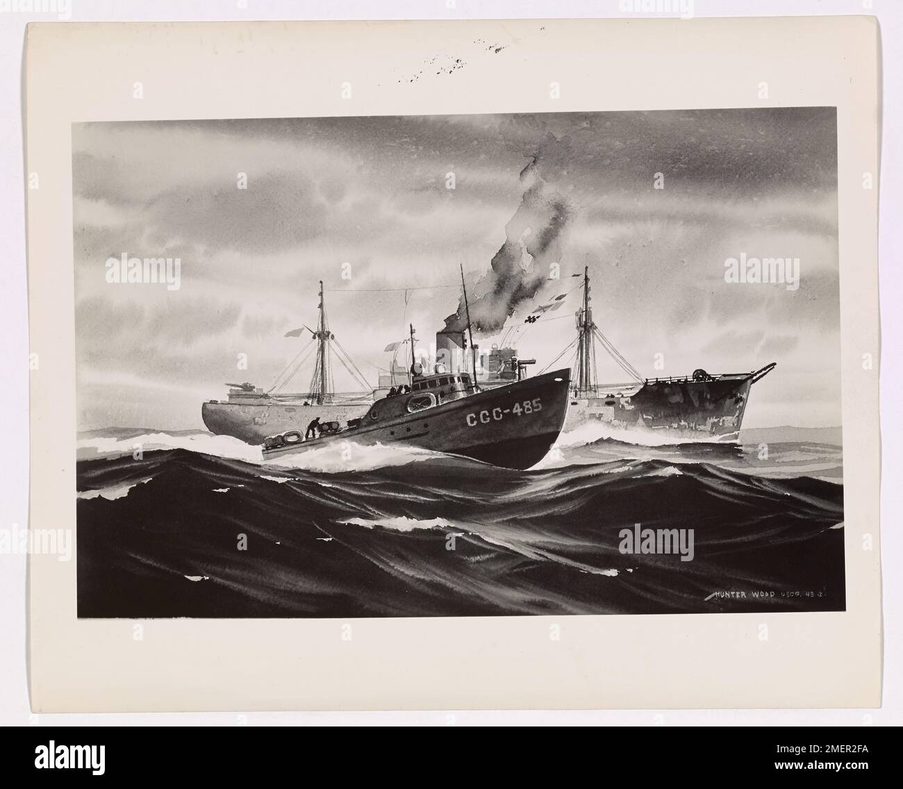 This artwork depicts an 83-foot U.S. Coast Guard sub-buster, CGC# 485 ...