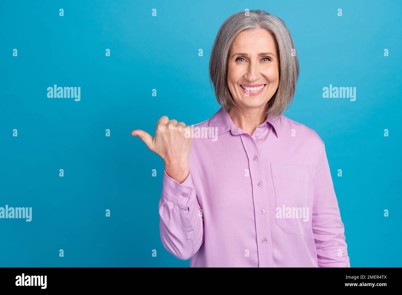 Photo of cheerful gorgeous lady wear stylish clothes demonstrate new ...