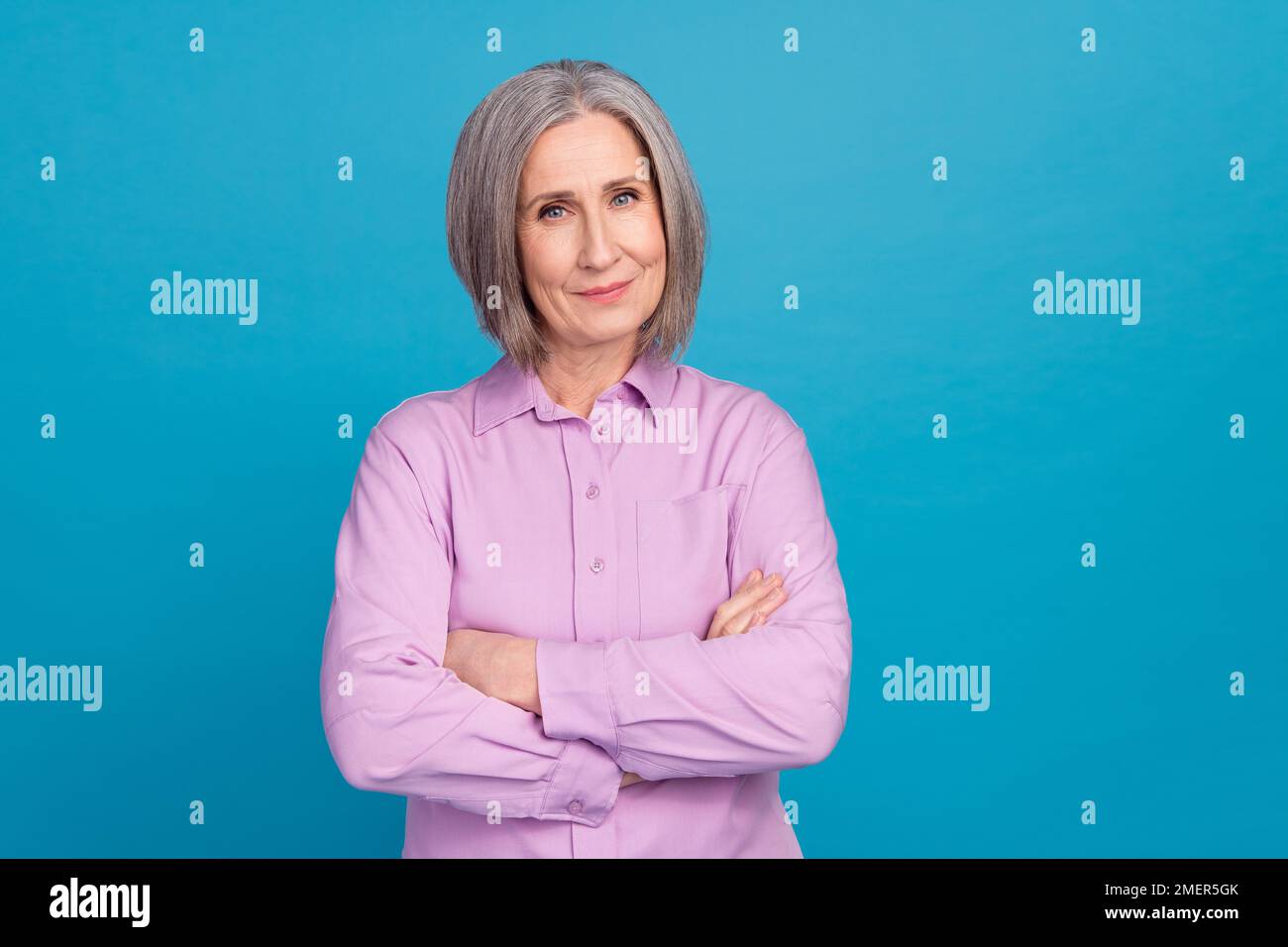 Photo of retired gorgeous intelligent lady arm folded wear trendy ...