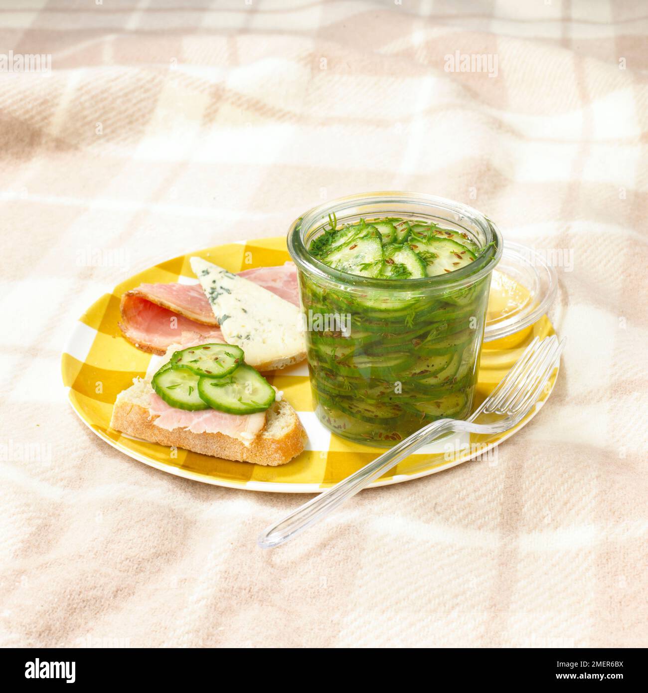 Ham and sliced bread and jar of cucumber and dill pickle Stock Photo ...