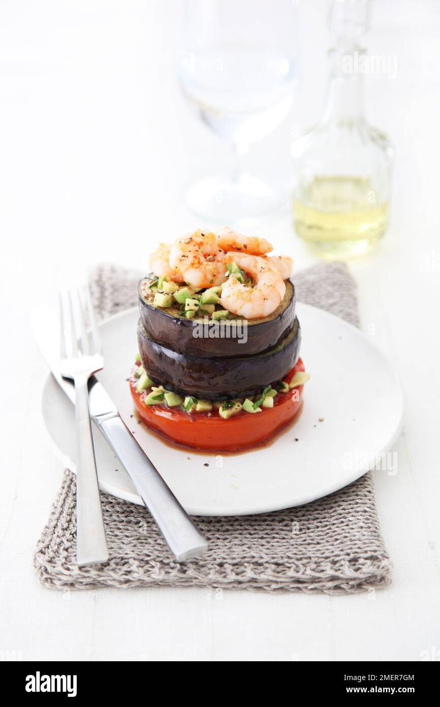 Summer prawn tower of tomato, aubergine and prawns Stock Photo - Alamy