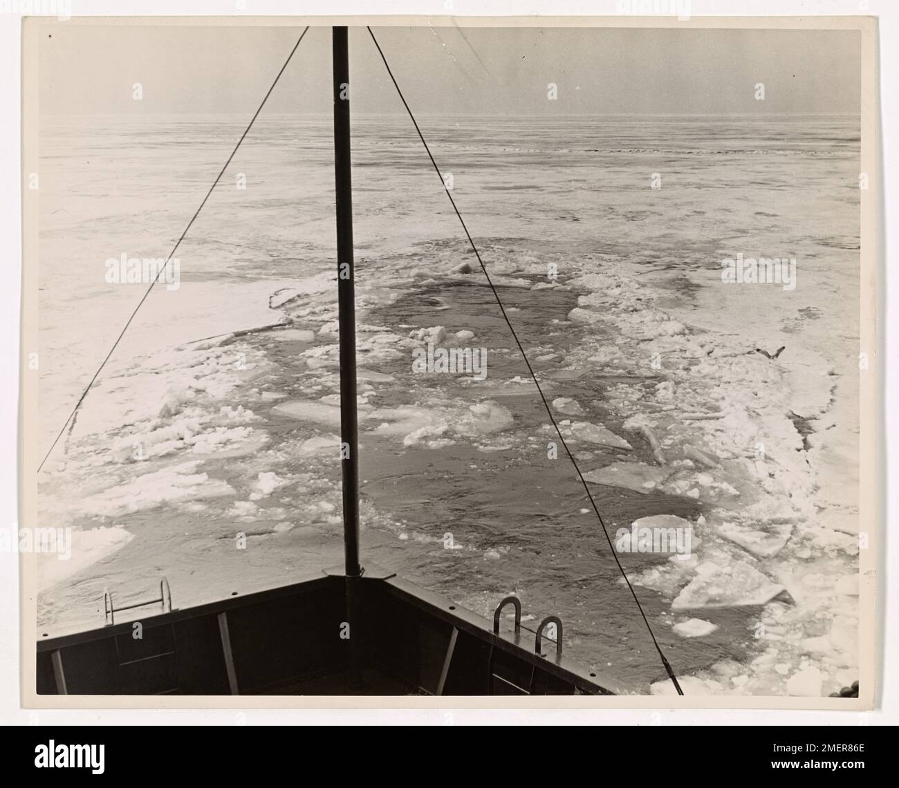 The icebreaking vessel Sainte Marie prepares to break through thick ice ...