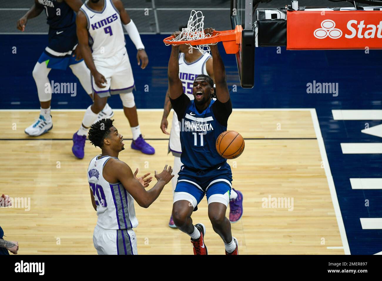 during the first half of an NBA basketball game Monday, April 5, 2021, in Minneapolis. The ...