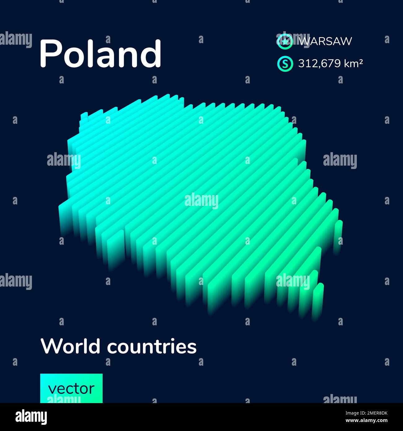 Poland 3D map. Stylized neon isometric striped vector map in turquoise ...