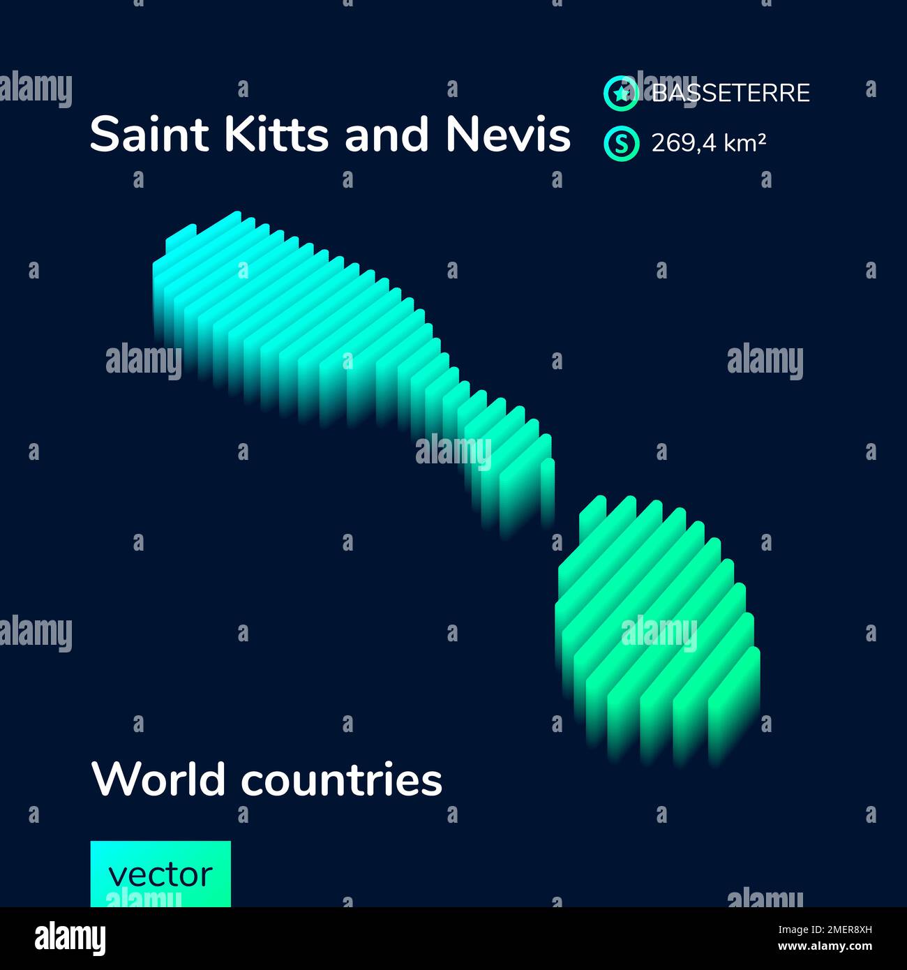 Stylized striped vector neon 3D map of Saint Kitts and Nevis is in ...
