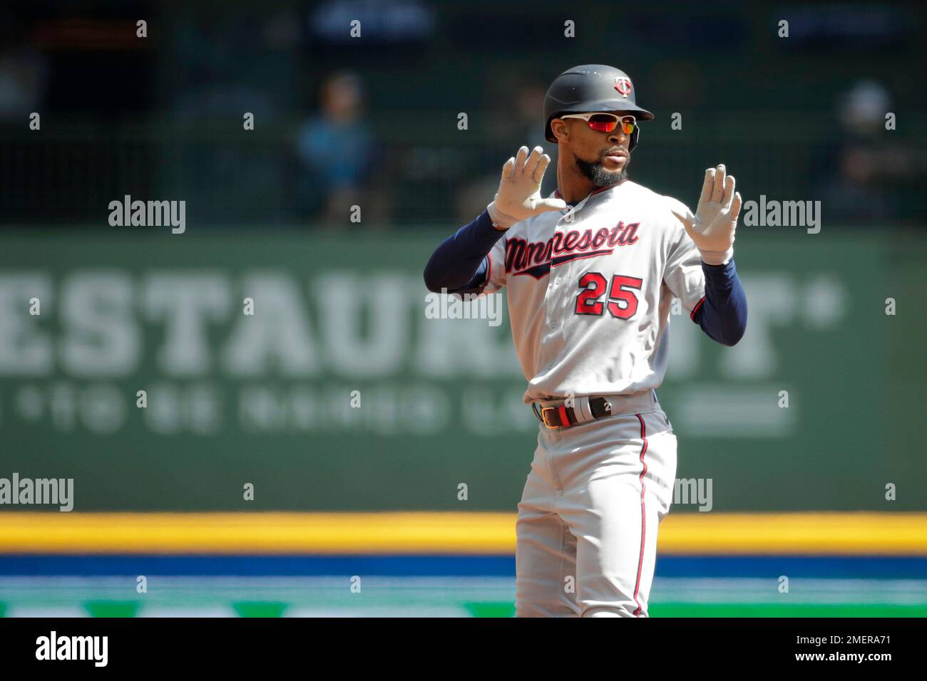 Minnesota Twins' Byron Buxton calls for time after hitting a double ...