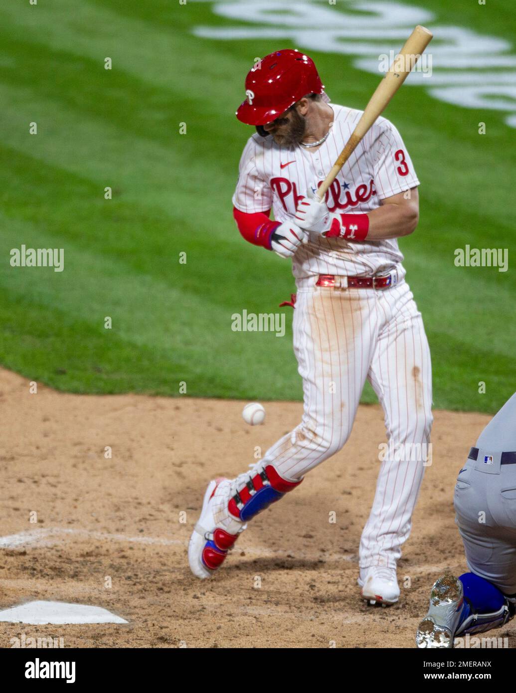 Philadelphia Phillies Bryce Harper (3) is hit by a pitch from New York ...