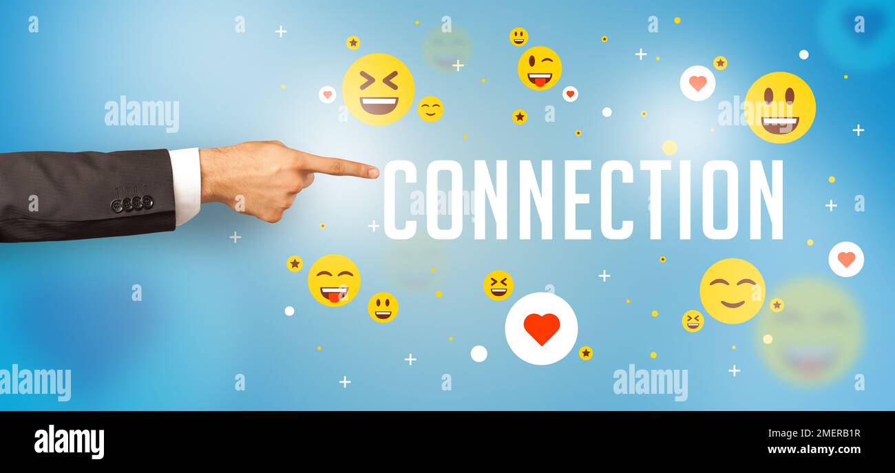 Close-Up of cropped hand pointing at social media concept Stock Photo ...