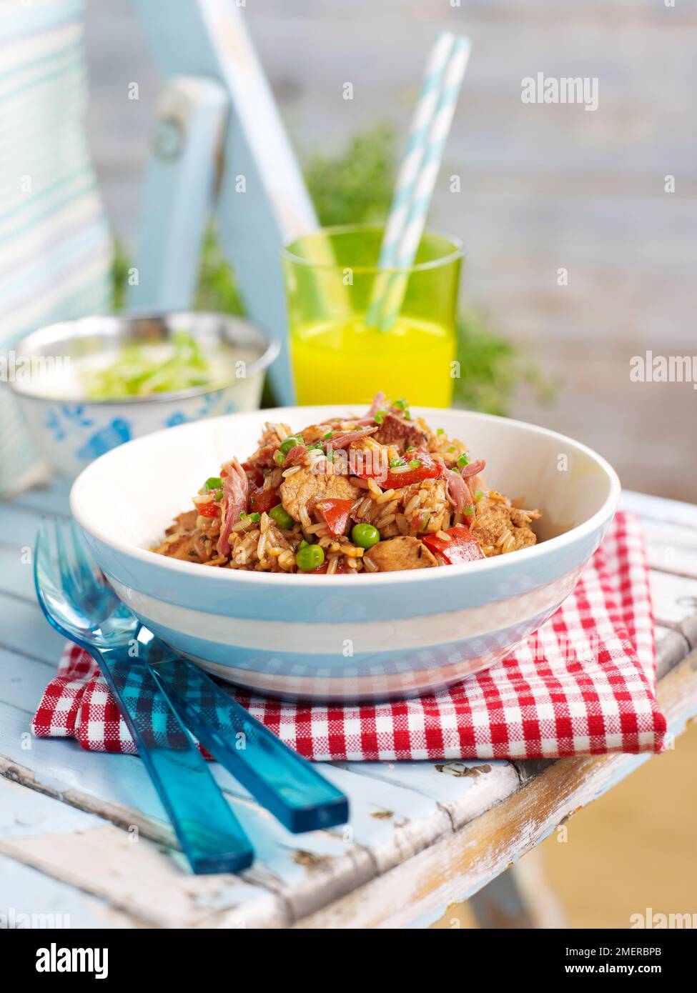 Jambalaya, Creole dish with vegetables, meat, and rice, served in bowl ...