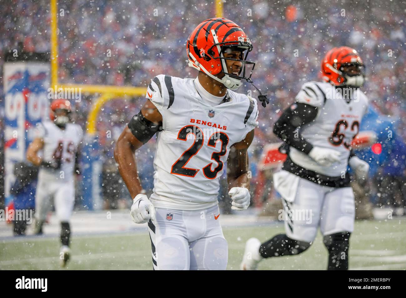 Cincinnati Bengals safety Dax Hill (23) runs onto the field before an ...