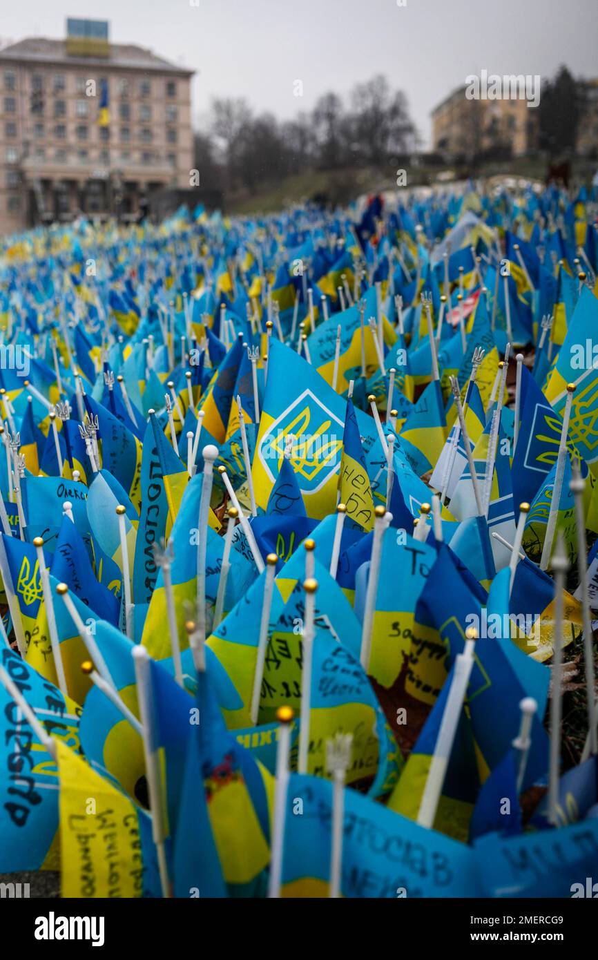 Flags commemorating those killed during the Russian invasion of Ukraine ...