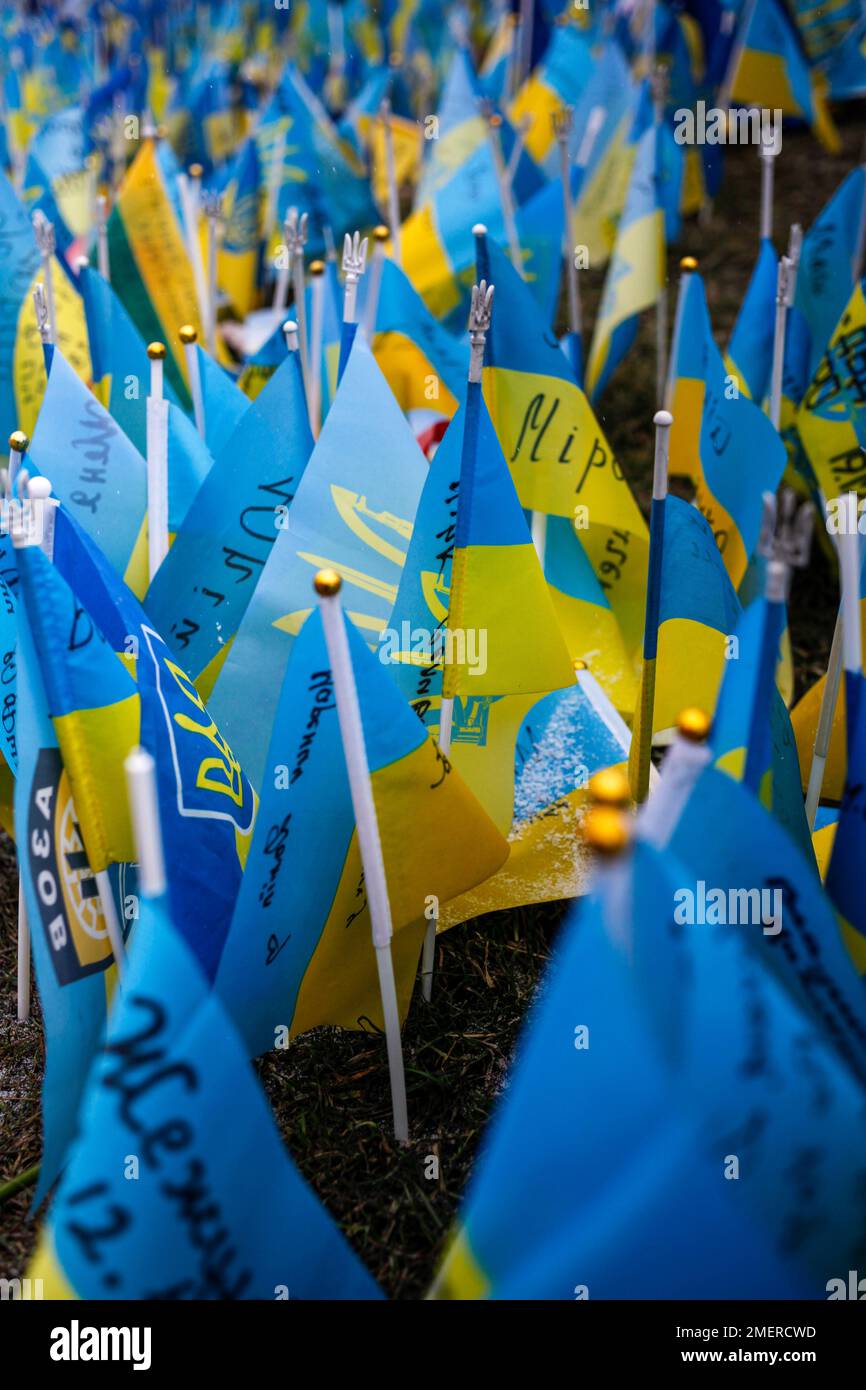 Flags commemorating those killed during the Russian invasion of Ukraine ...