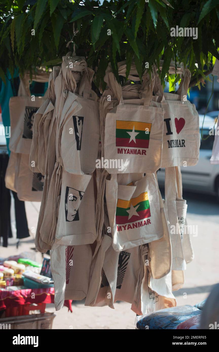 Myanmar, Yangon, Pabedan, souvenir bags at Bogyoke Aung San Market ...