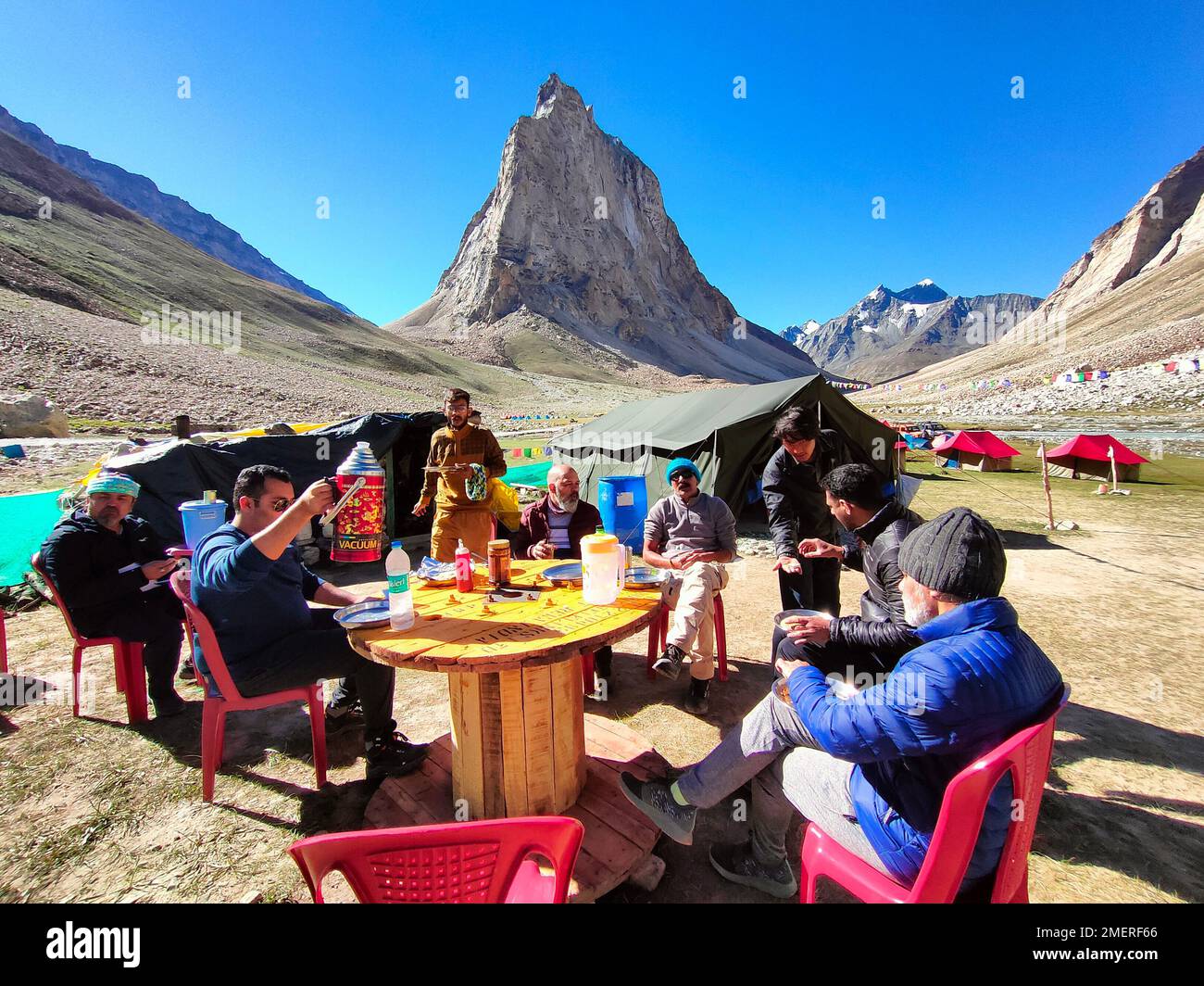 Ladakh, India - August 21st, 2022 : Tourist eating food in local dhaba ...
