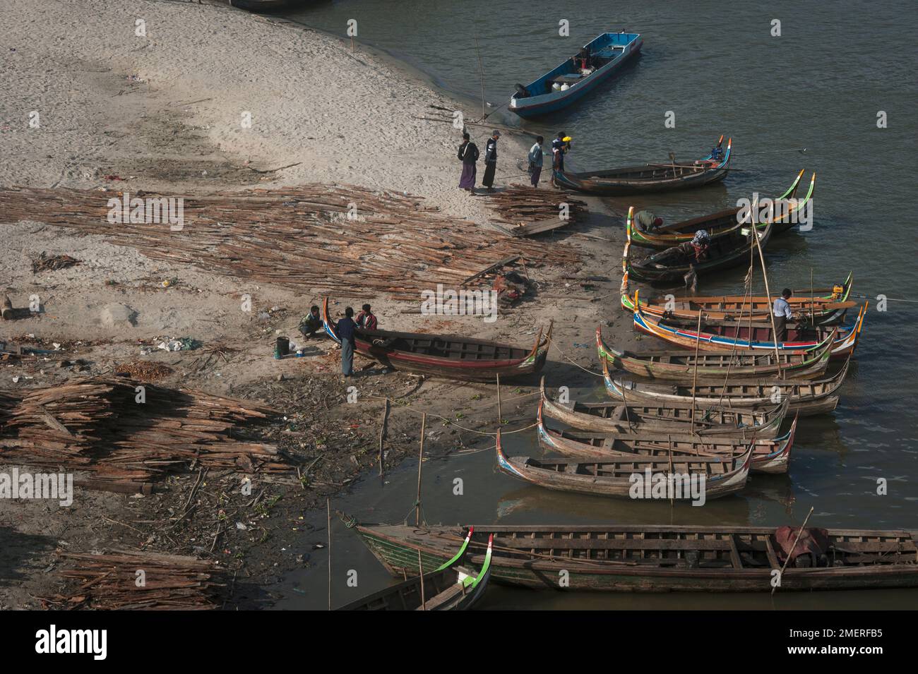 Myanmar, fishing boats on Irrawaddy river Stock Photo - Alamy