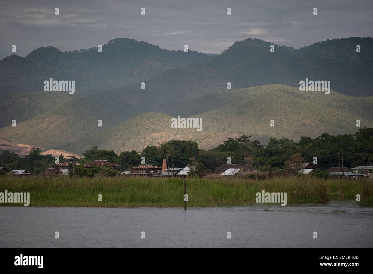 Myanmar, Eastern Burma, Inle Lake, Nampan, surrounding hills Stock ...
