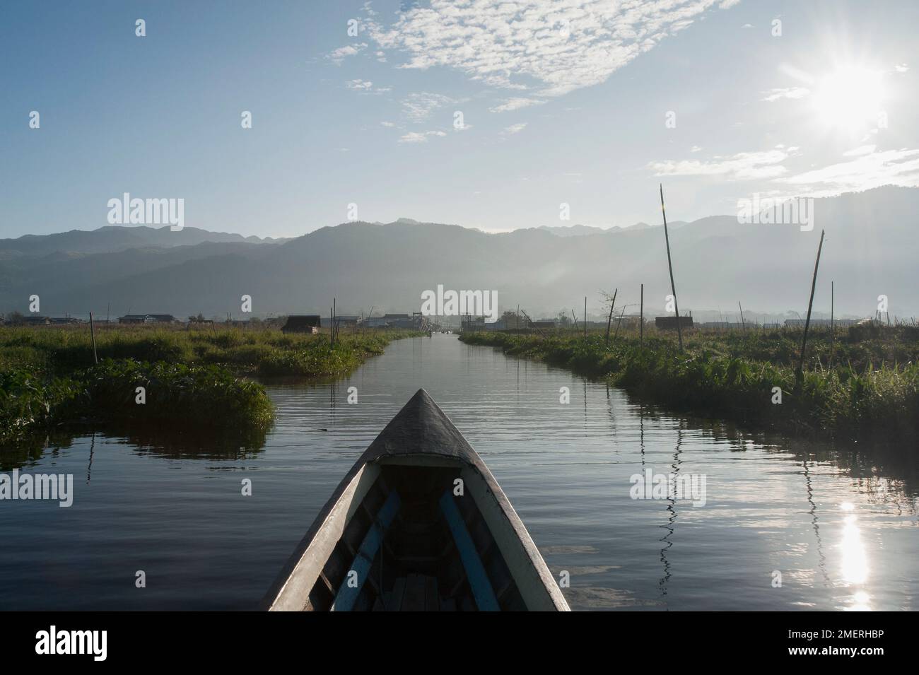 Myanmar, Eastern Myanmar, Inle Lake, longtail boat on lake Stock Photo ...