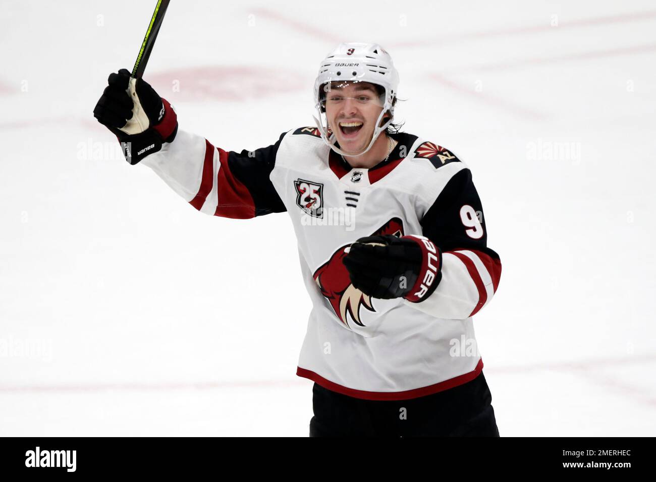 Arizona Coyotes right wing Clayton Keller celebrates a game winning ...