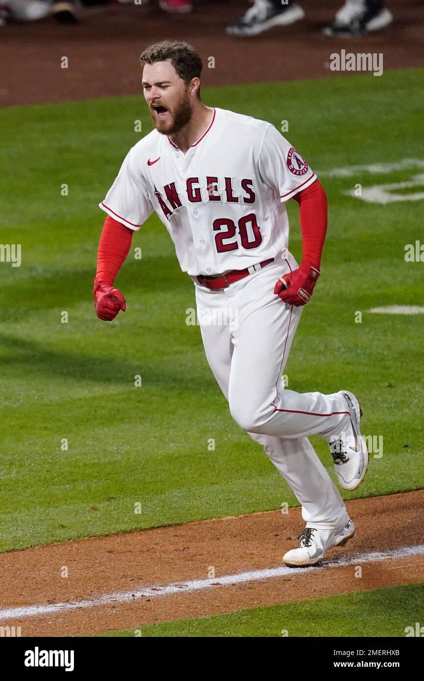 Los Angeles Angels' Jared Walsh (20) celebrates as he runs to home ...