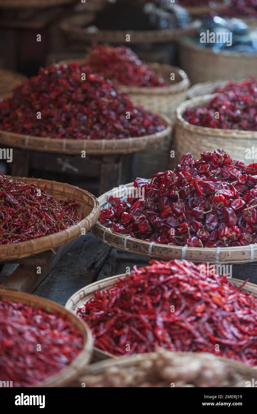 Myanmar, Mandalay Region, Pyin Oo Lwin, chillies at Chinese market ...