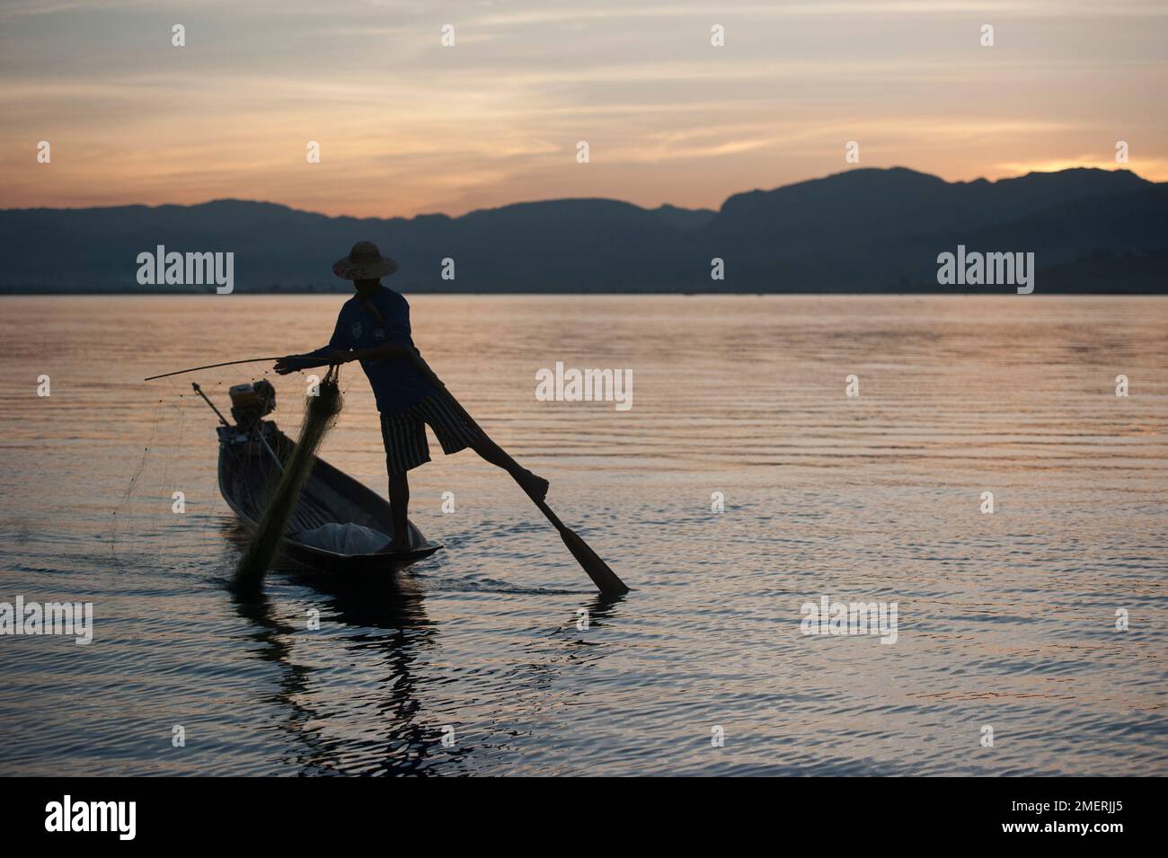 Myanmar, Eastern Burma, Inle Lake, fisherman at sunset Stock Photo - Alamy