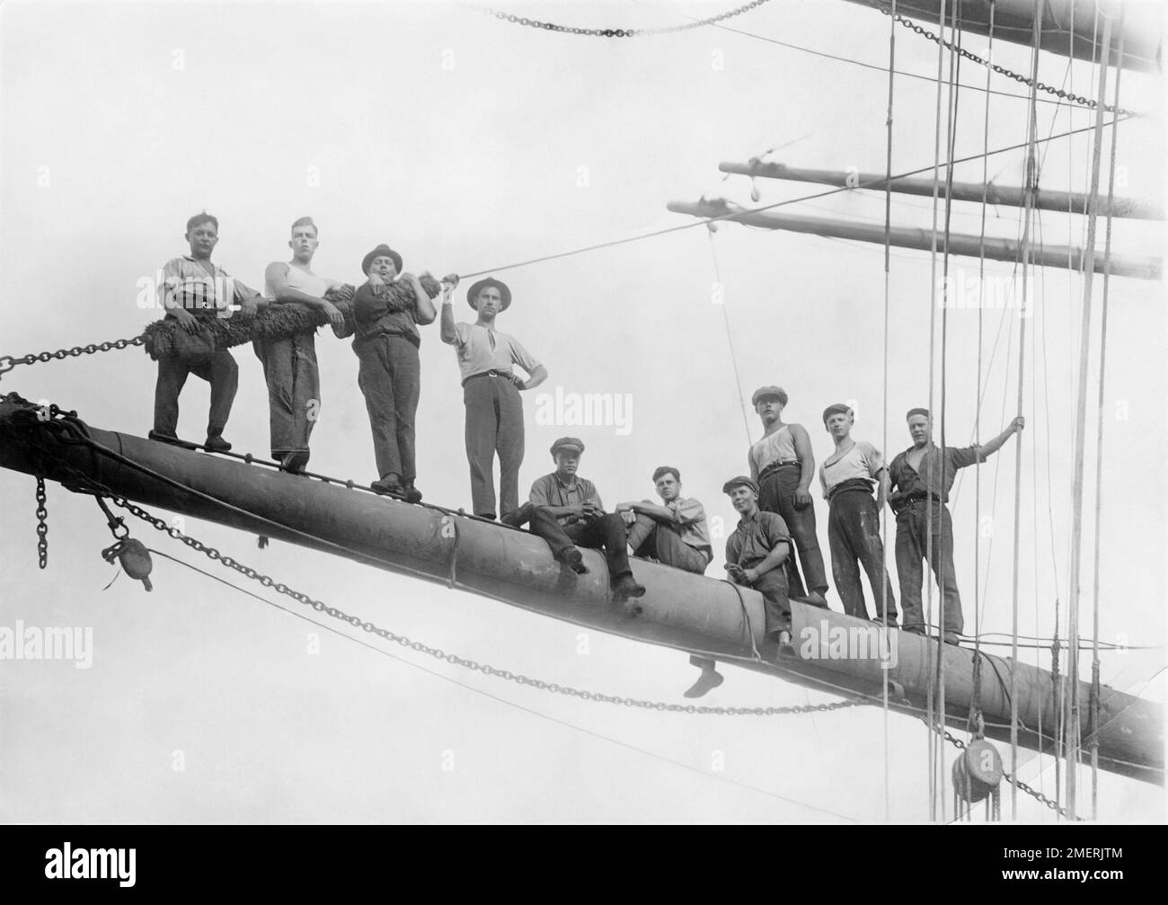 Ten sailors up in the mast of the four-masted steel barque Hougomont ...