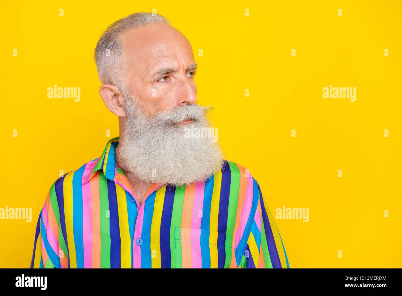 Photo of focused concentrated aged person strict face look interested ...