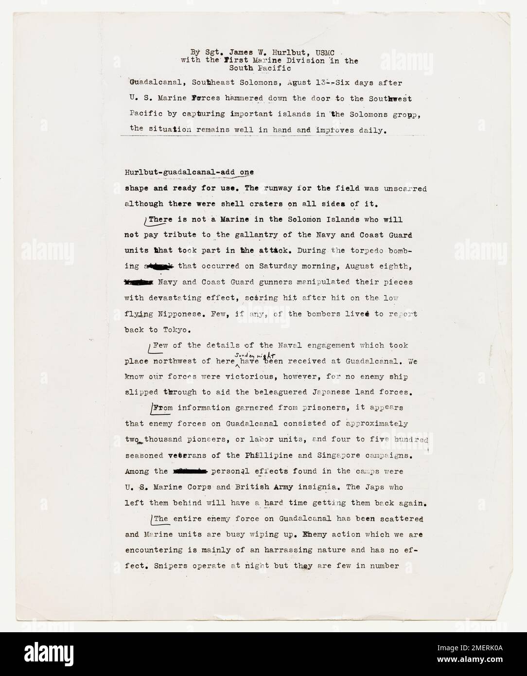 This image depicts a document written by Sgt. James W. Hurlbut, USMC ...