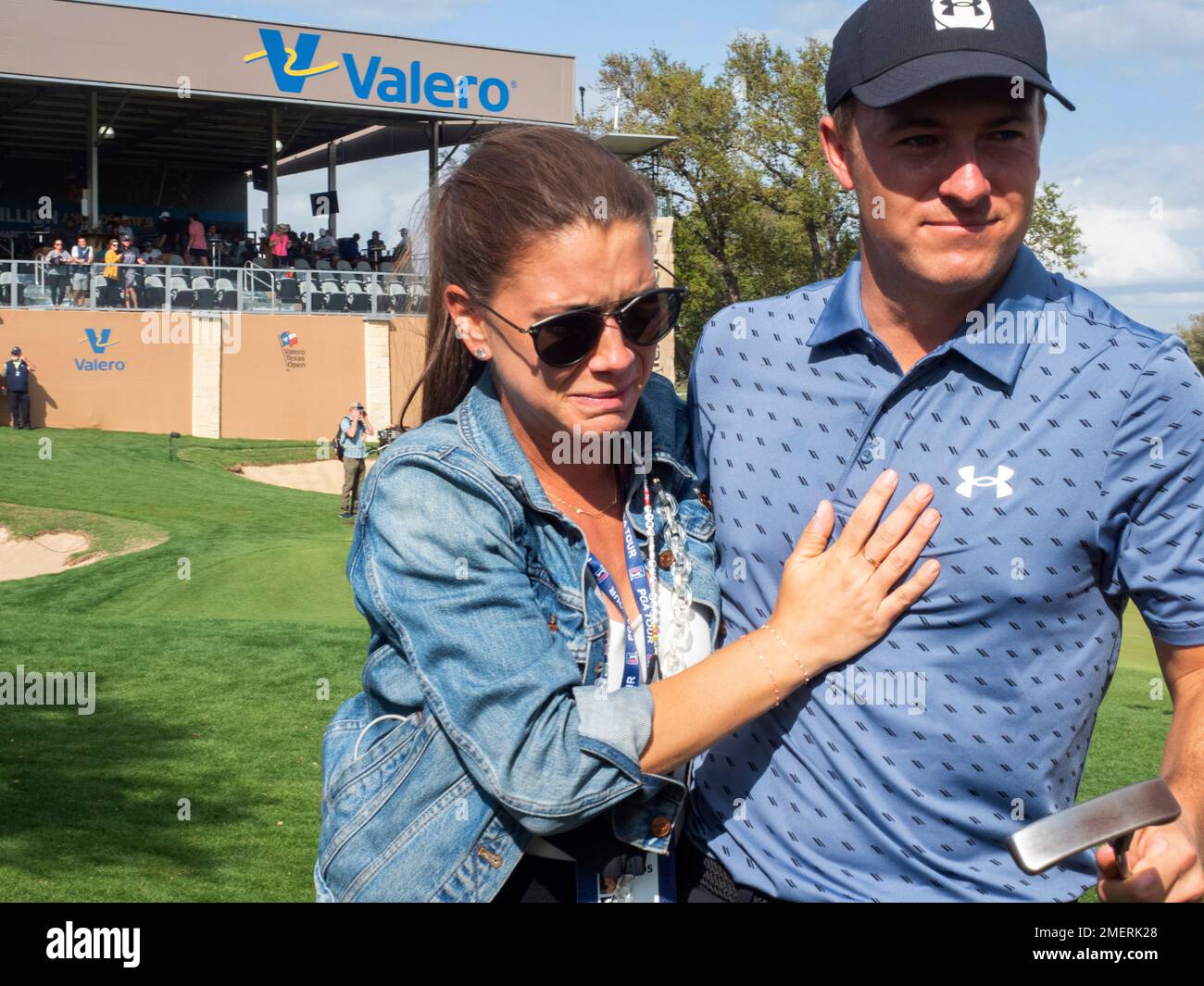 Annie Verret shows her emotions after her husband, Jordan Spieth, won ...