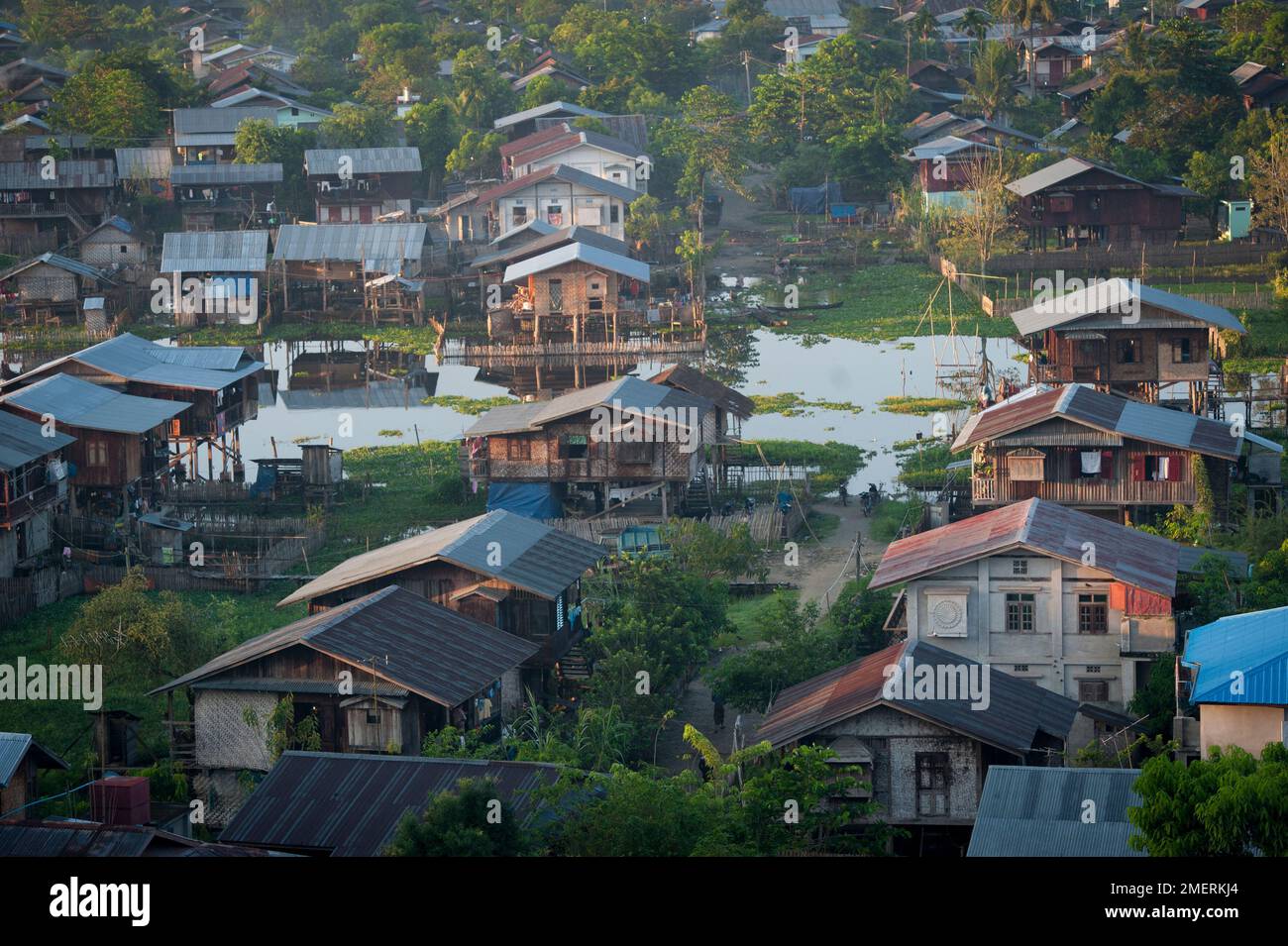 Myanmar, Northern Myanmar, Bhamo, Houses at dawn Stock Photo - Alamy