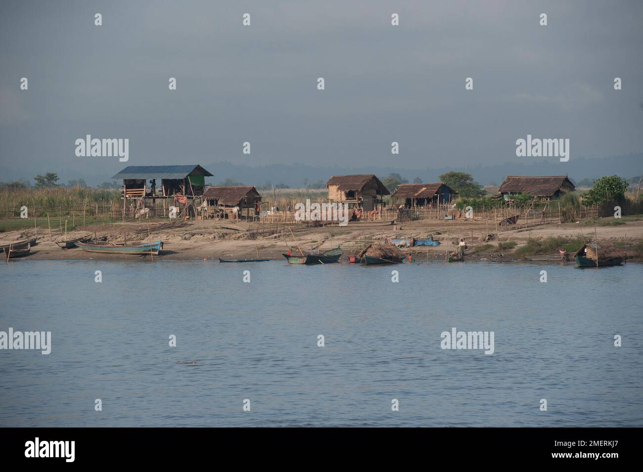 Myanmar, Northern Myanmar, Bhamo, houses on south shore of Ayeyarwady ...
