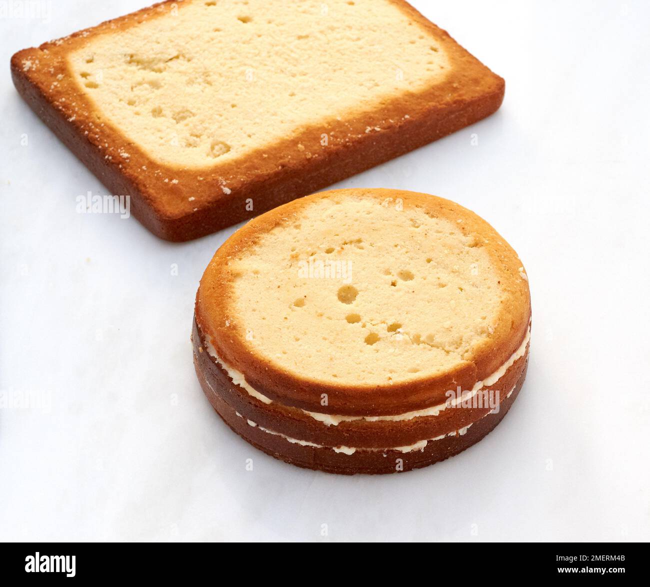 Round layered sponge cake and rectangle sponge cake Stock Photo - Alamy