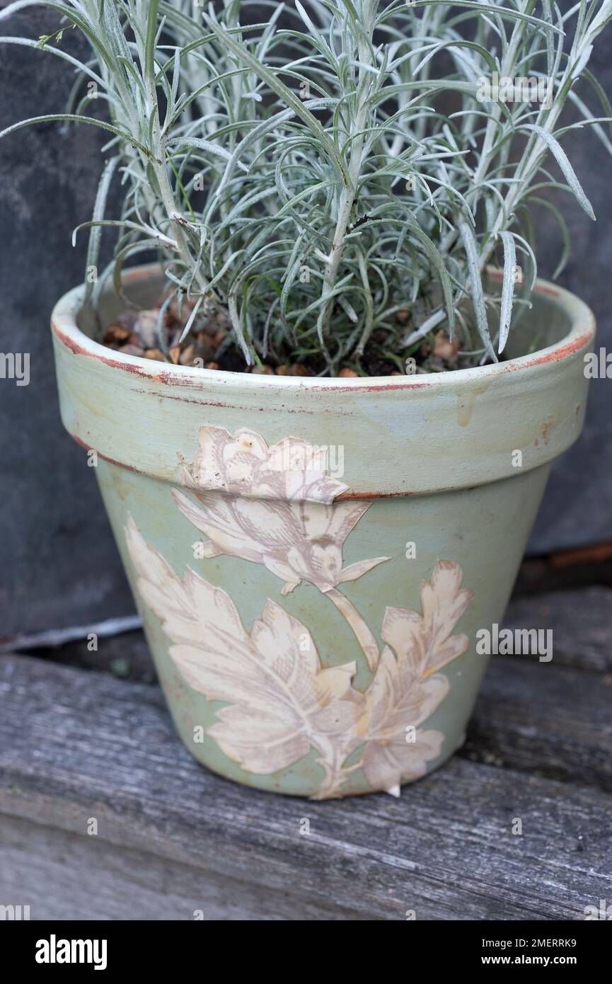 Plant pot decorated with decoupage Stock Photo - Alamy