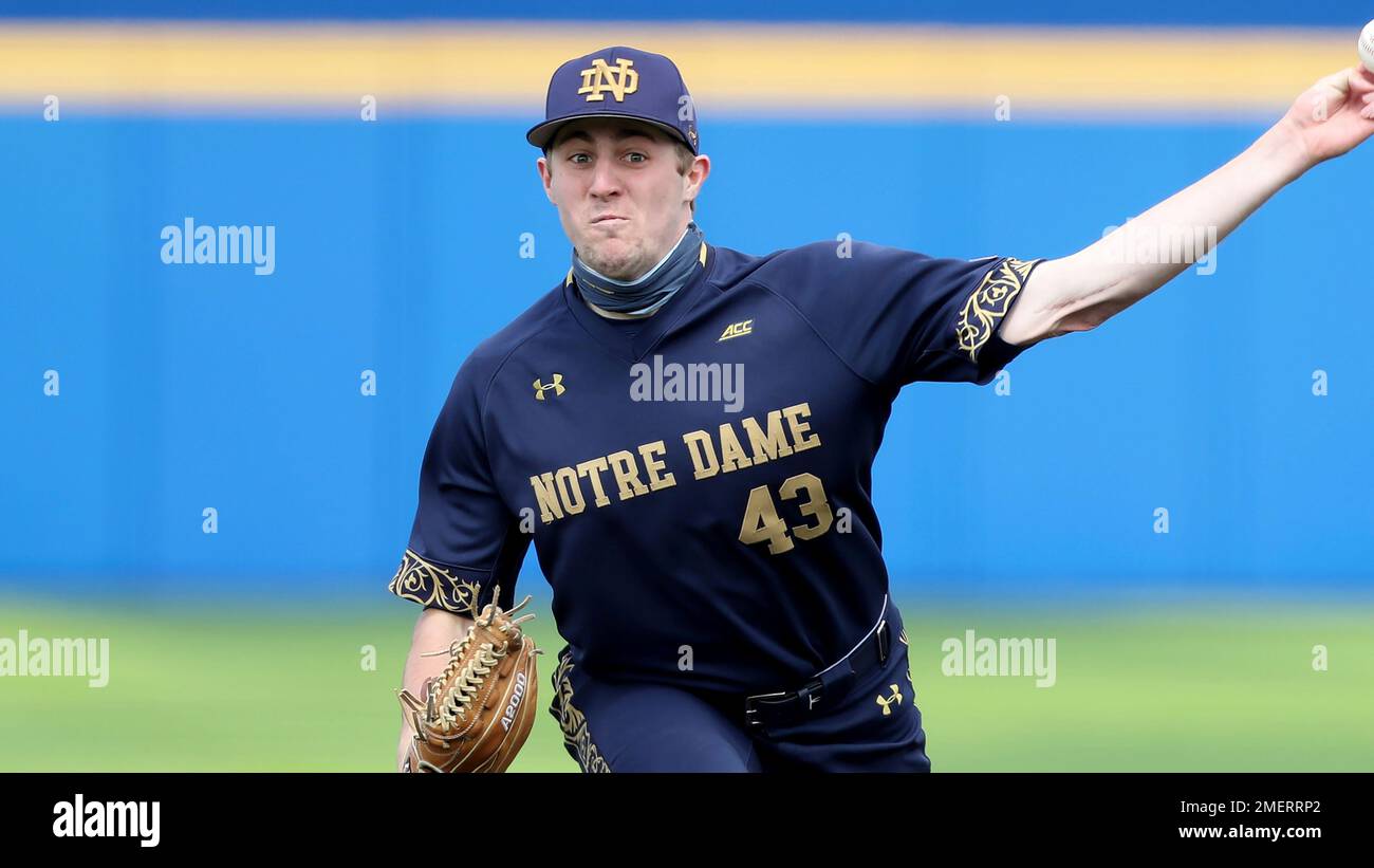 Notre Dame's Will Mercer #43 pitches during an NCAA baseball game ...