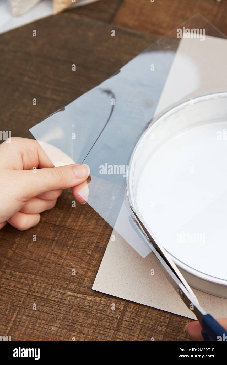 Cutting around acetate that is attached to tin, making plant canister ...
