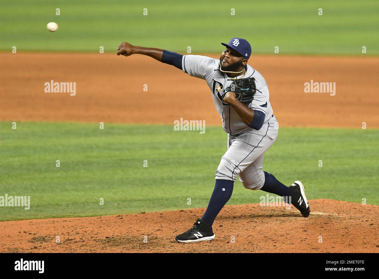 Tampa Bay relief pitcher Diego Castillo throws to end a baseball game ...