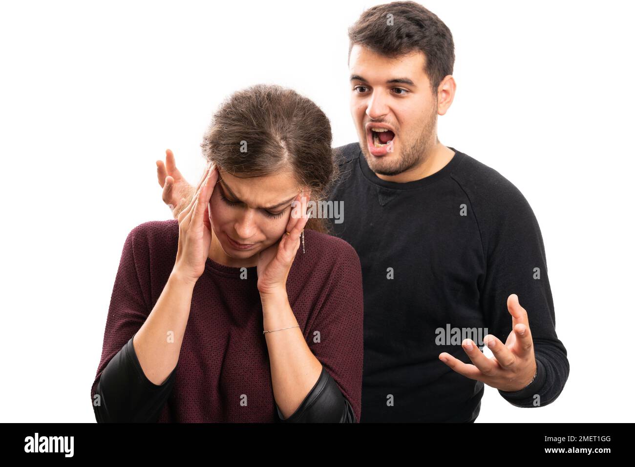 Mad girlfriend touching temples having migraine because of angry man ...