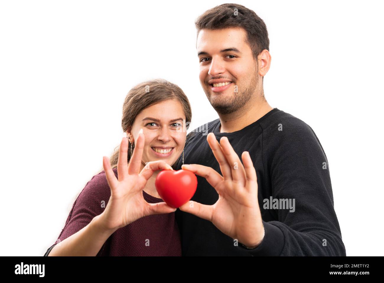 Cheerful cute male and female couple wearing casual fall autumn ...