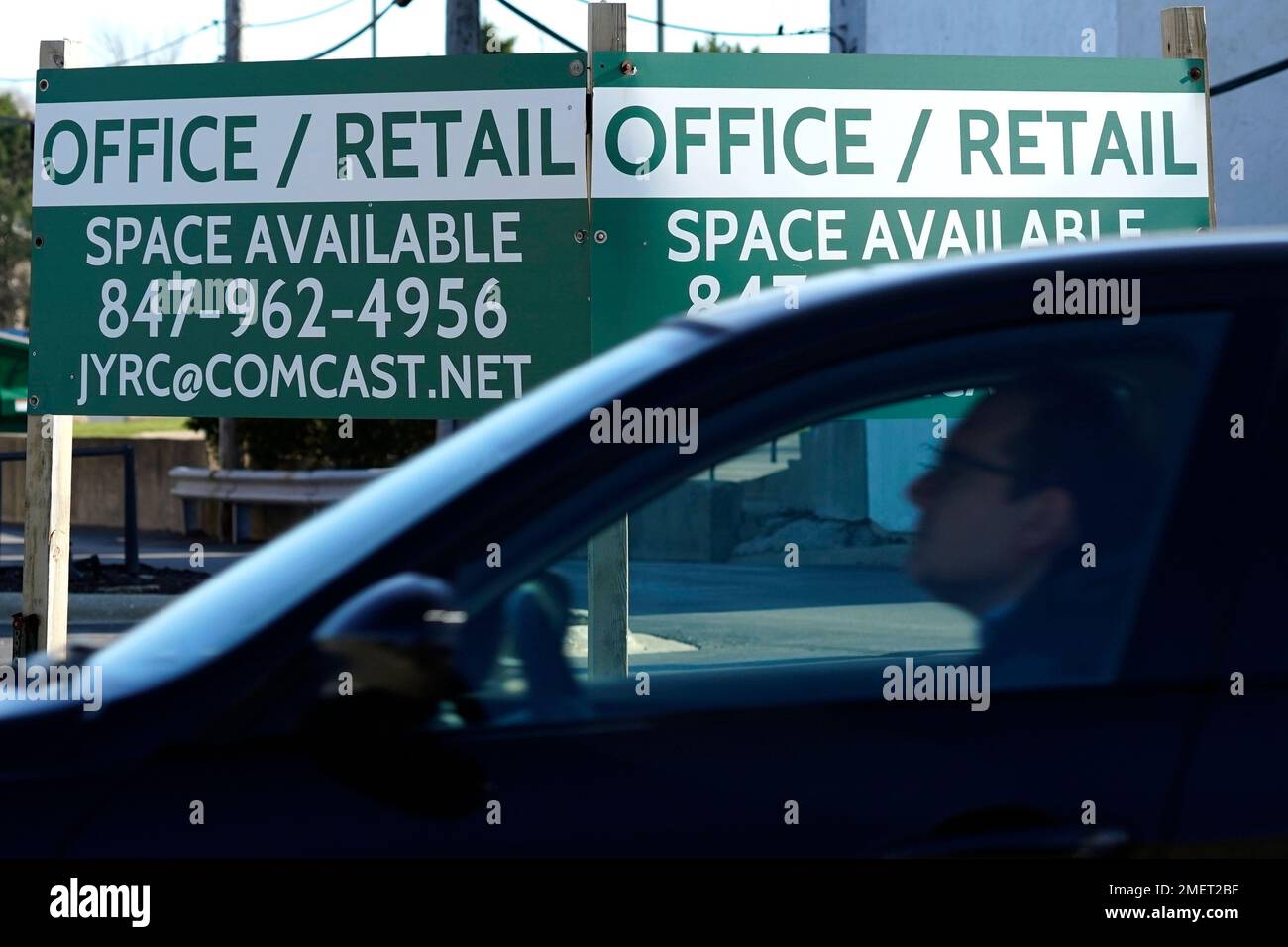 Space available signs are seen in Wheeling, Ill., Friday, April 2, 2021 ...